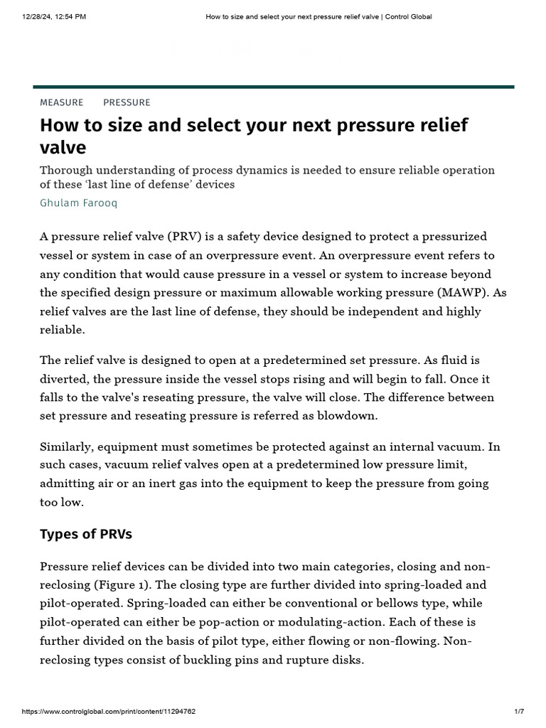 How to Size and Select Your Next Pressure Relief Valve _ Control Global ...