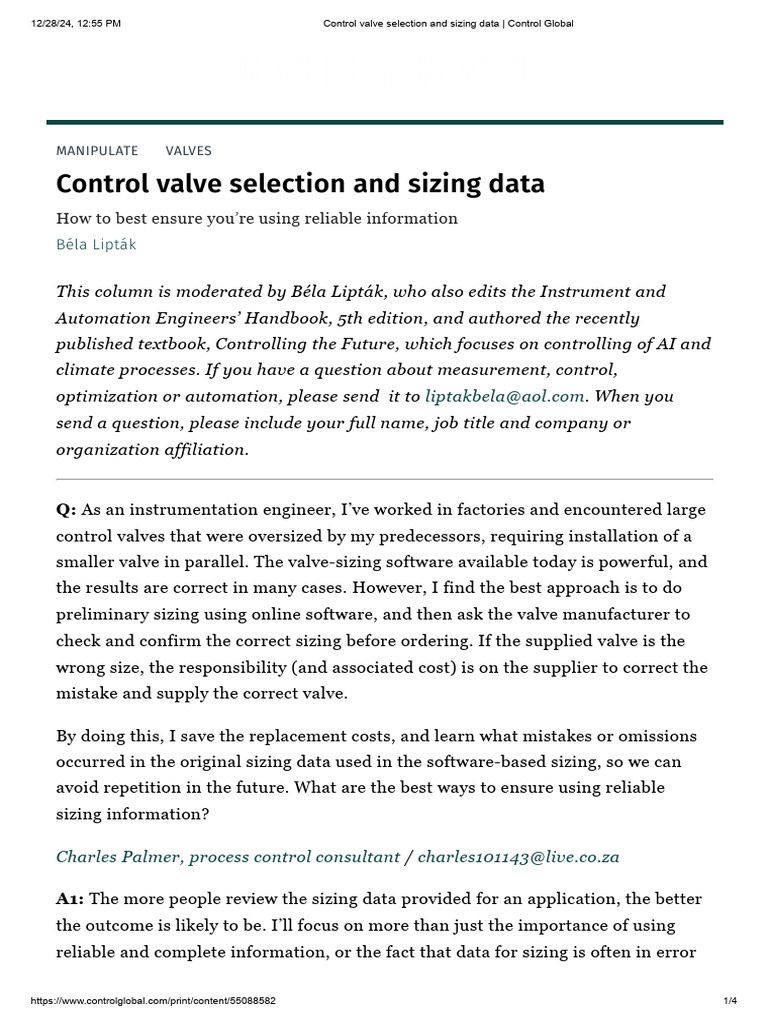 Control Valve Selection and Sizing Data _ Control Global | PDF ...