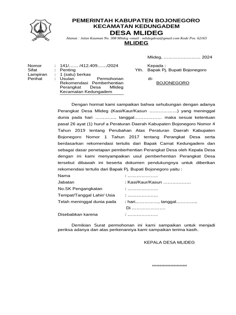Contoh Usulan Rekom Pemberhentian Perades Ke Bupati | PDF