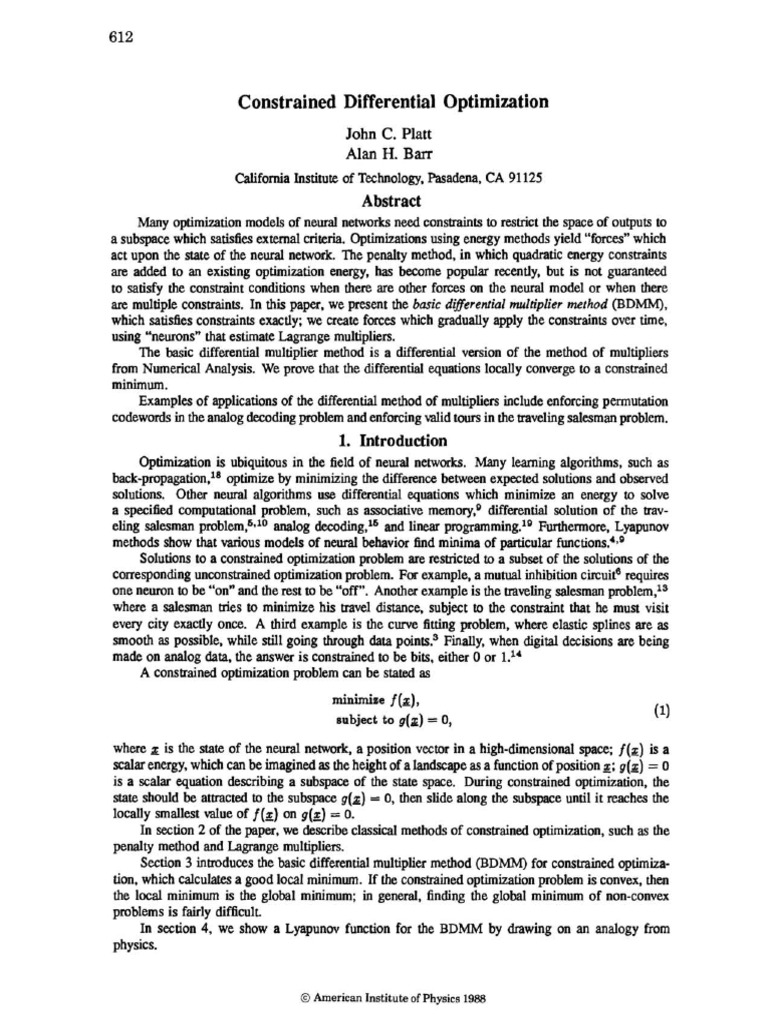 NIPS 1987 Constrained Differential Optimization Paper | PDF | Mathematical Optimization | Matrix ...