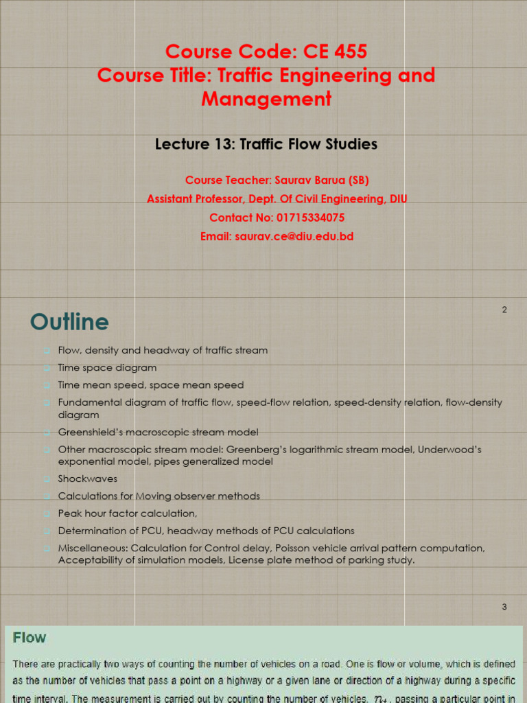 CE 455, L13 Traffic Flow Studies | PDF | Transport | Applied Mathematics