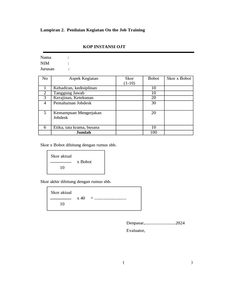 Form Penilaian Dari Tempat OJT | PDF