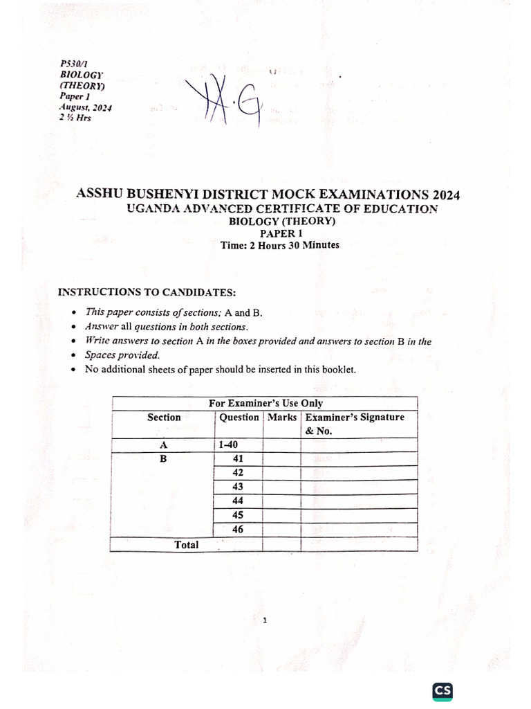 Asshu Bushenyi District Mock Examination Uace 5301 Biology Theory Past Paper 2024 | PDF