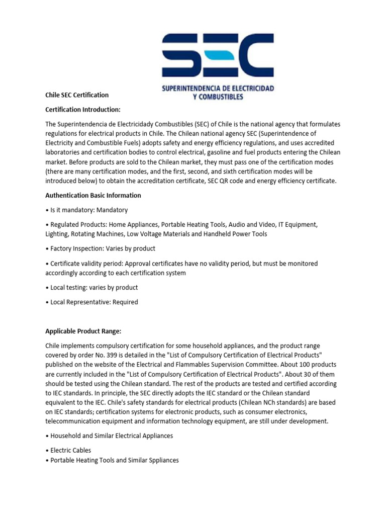 Chile SEC Certification | PDF | Certification | Standardization