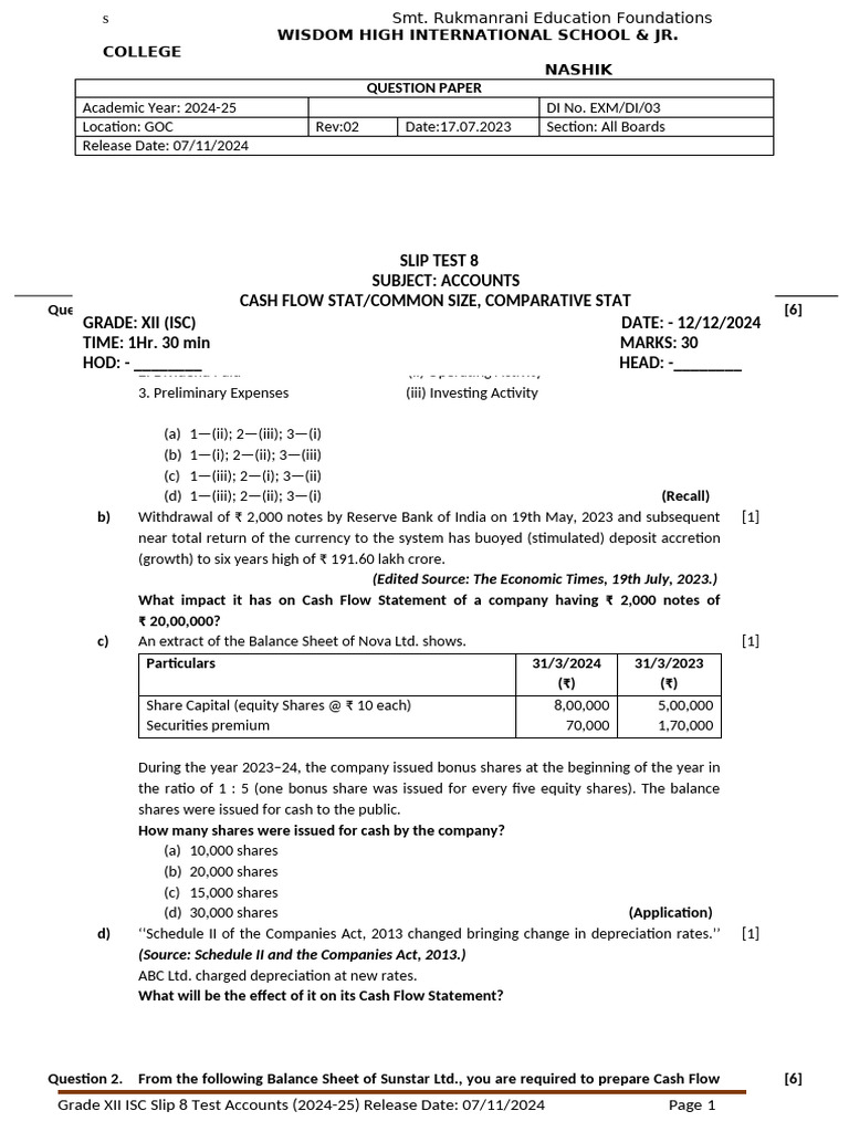 XII, Accounts, Test, Cash Flow Stat Comp Comm | PDF | Dividend | Income ...