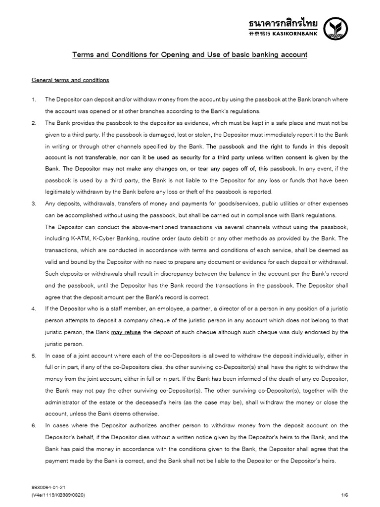 Terms and Conditions For Opening and Use of Basic Banking Account | PDF ...