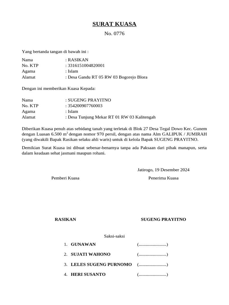 Surat Kuasa Sugeng Prayitno | PDF