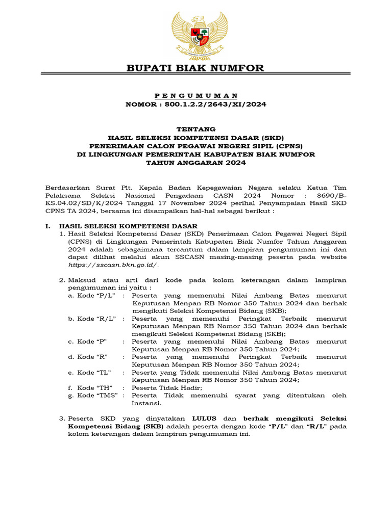 26_new !!!! Pengumuman Hasil Seleksi Skd Cpns 2024 | PDF