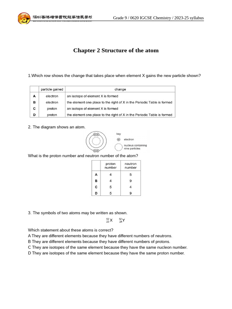 Grade 9 IGCSE Chemistry Atom Structure | PDF | Atoms | Chemical Elements
