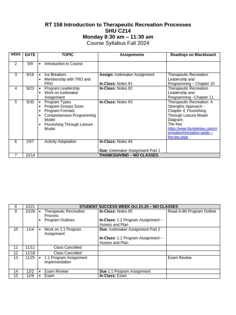 RT 158 - Intro To TR Processes Syllabus Fall 2024 Make Up | PDF ...