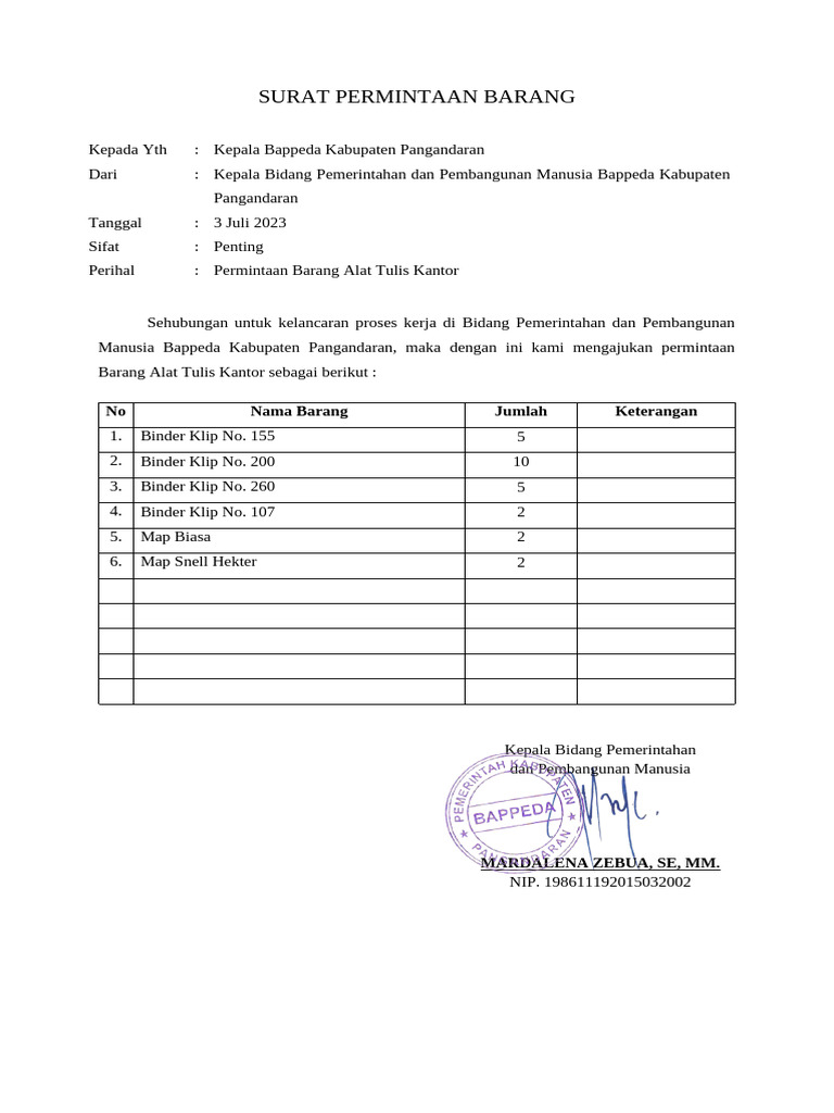 Surat Permintaan Barang Juli | PDF