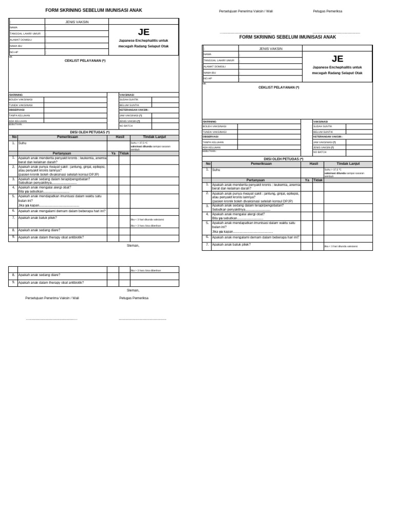 FORM SKRINING IMUNISASI JE FIX | PDF