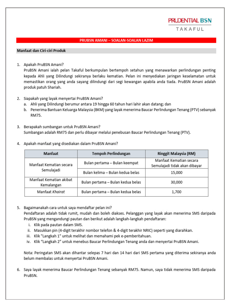 PruBSN Amani FAQ - BM | PDF