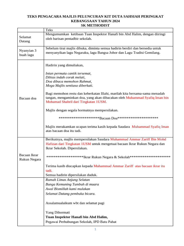 TEKS PENGACARA MAJLIS PELUNCURAN DUTA SAHSIAH 2024 | PDF