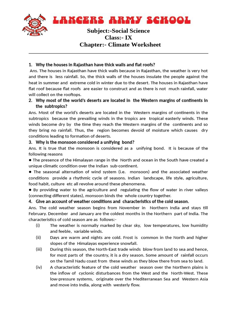 Class 9 Climate Worksheet | PDF | Monsoon | Oceanography