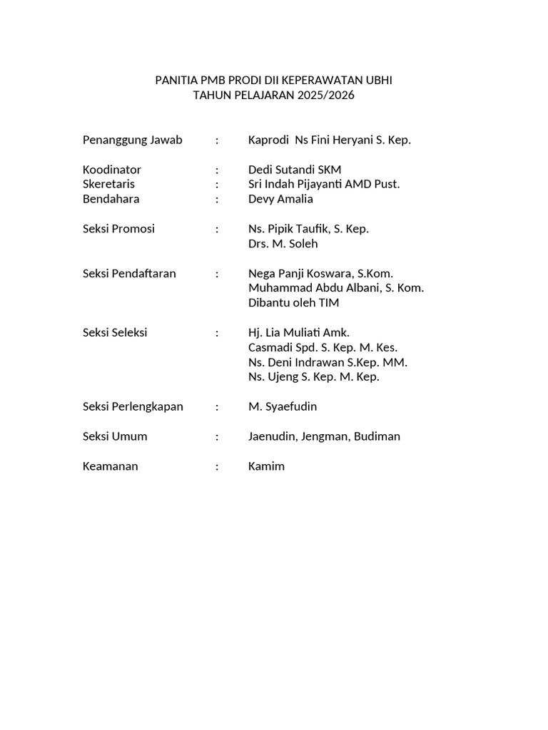 Panitia Pmb Prodi Dii Keperawatan Ubhi | PDF