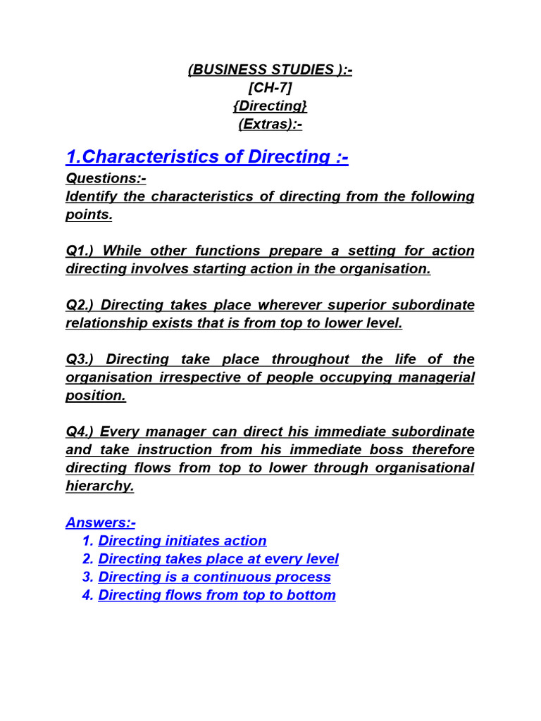 Chapter 7 - Directing Ncert Base Complete Important Questions | PDF | Leadership | Motivation
