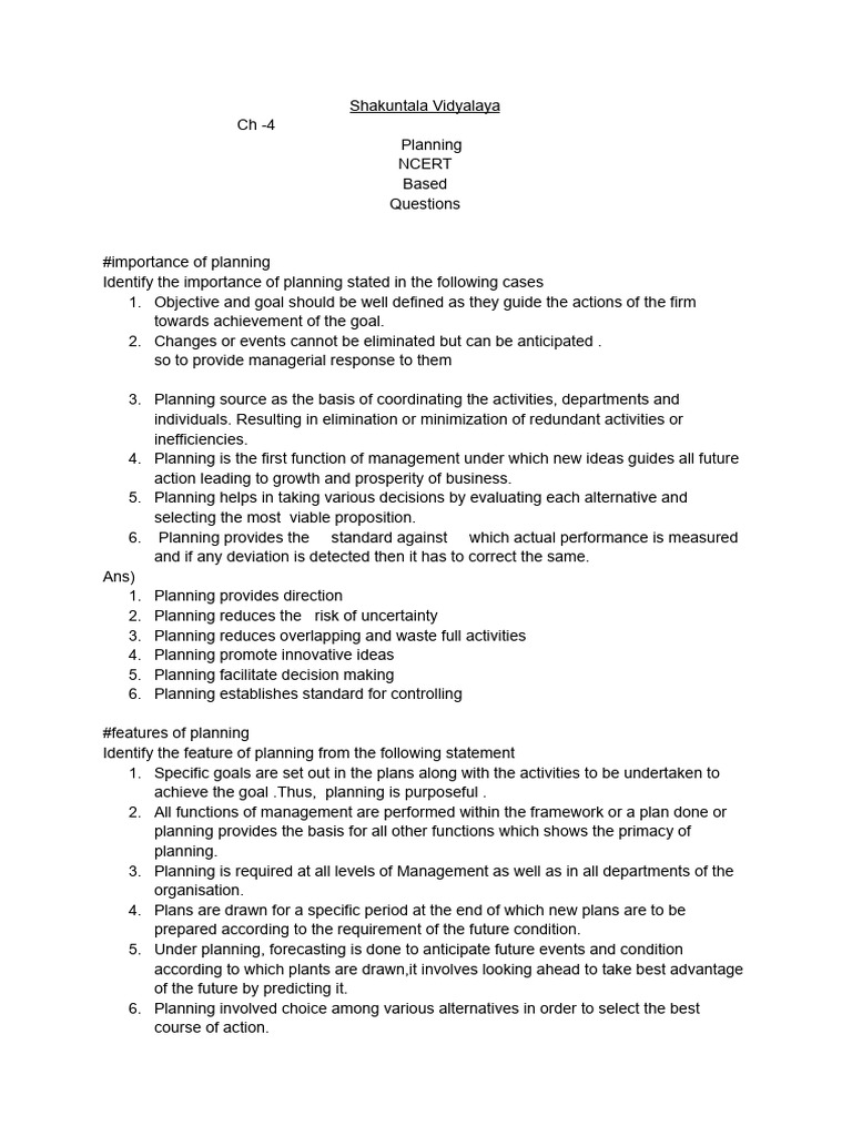 Chapter 4 - Planning Ncert Base Complete Important Questions | PDF | Policy | Forecasting