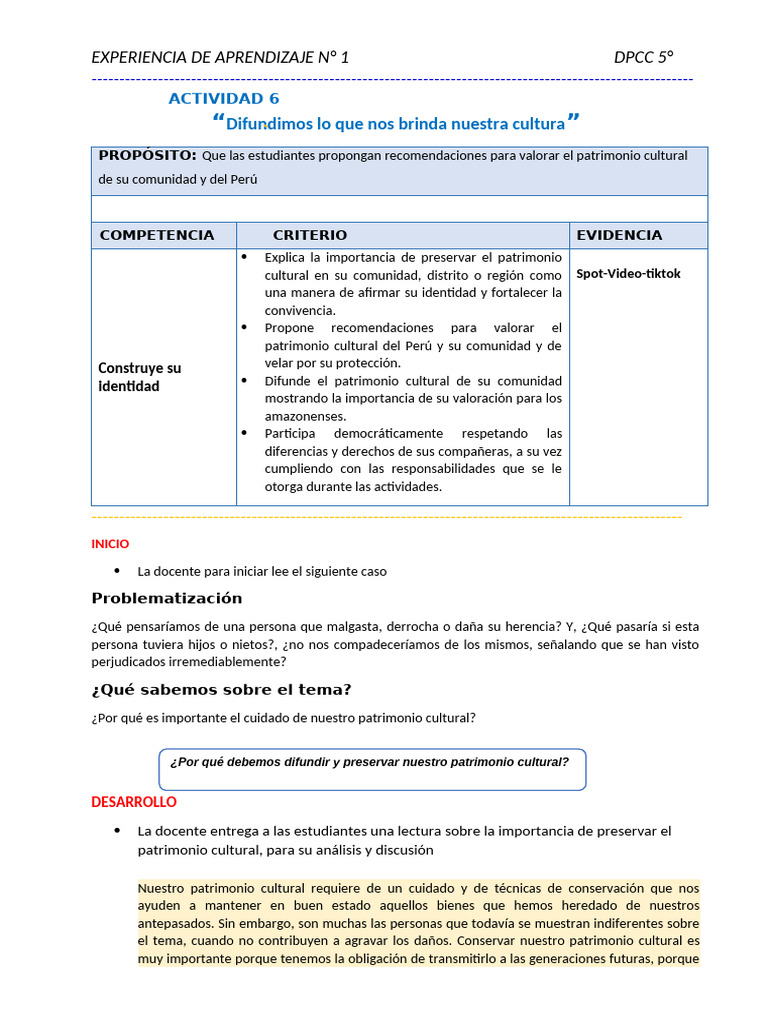 Act. 6 Experiencia 1 DPCC 5° | PDF | Patrimonio cultural | Bienes (Ley)