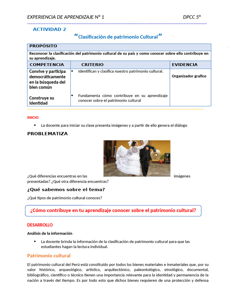 Act. 2 Experiencia 1 DPCC 5° | PDF | Patrimonio cultural | Bienes (Ley)