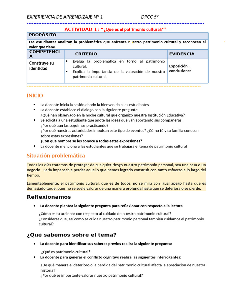 Act. 1 Experiencia 1 DPCC 5° | PDF | Patrimonio cultural | Aprendizaje