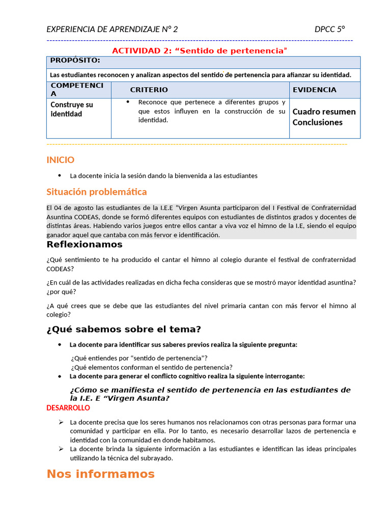 Act. 2 Experiencia 2 DPCC 5° | PDF | Autoestima | Sicología
