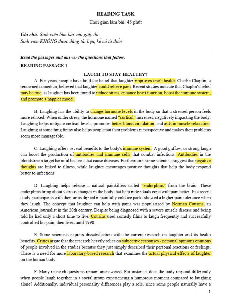 TACS III - Đề thi CK HK 1 23-24 - Đọc - Đề 01 | PDF | Laughter | Solar Energy