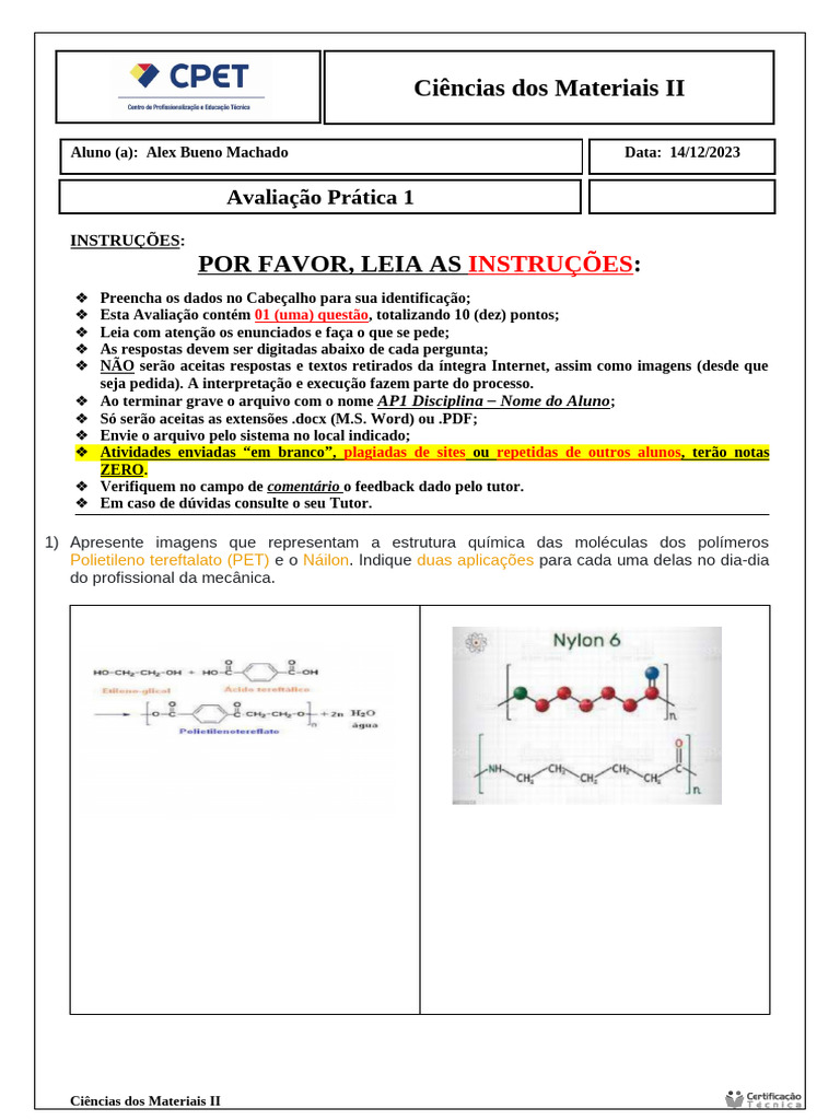 AP1 CiÃ Ncias Dos Materiais II | PDF | Plástico | Polímeros