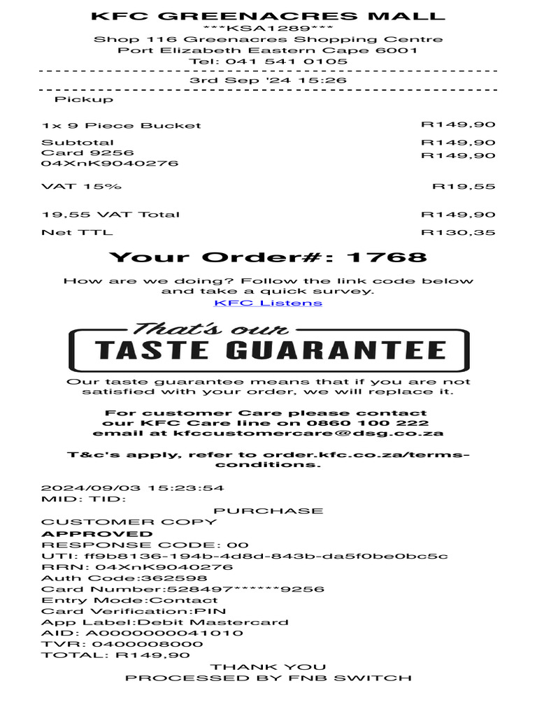 KFC Greenacres Order Summary | PDF
