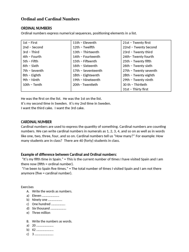 Course Language - English - Cardinal and Ordinal Numbers | PDF