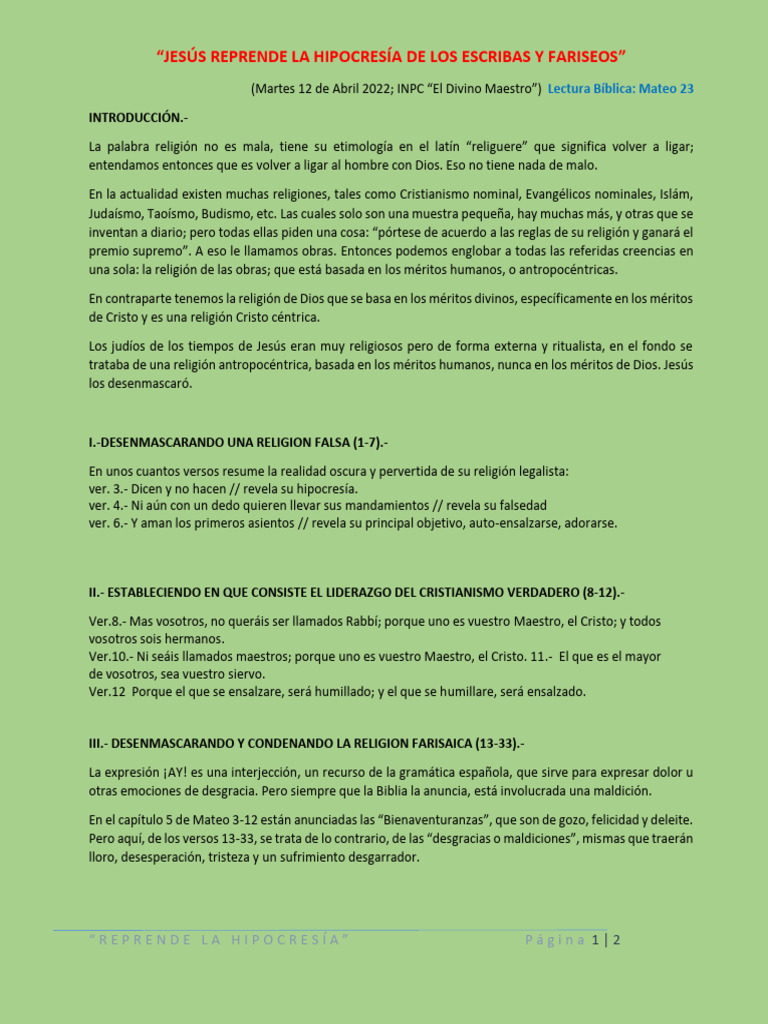 Jesús Reprende La Hipocresia | PDF | Jesús | Dios