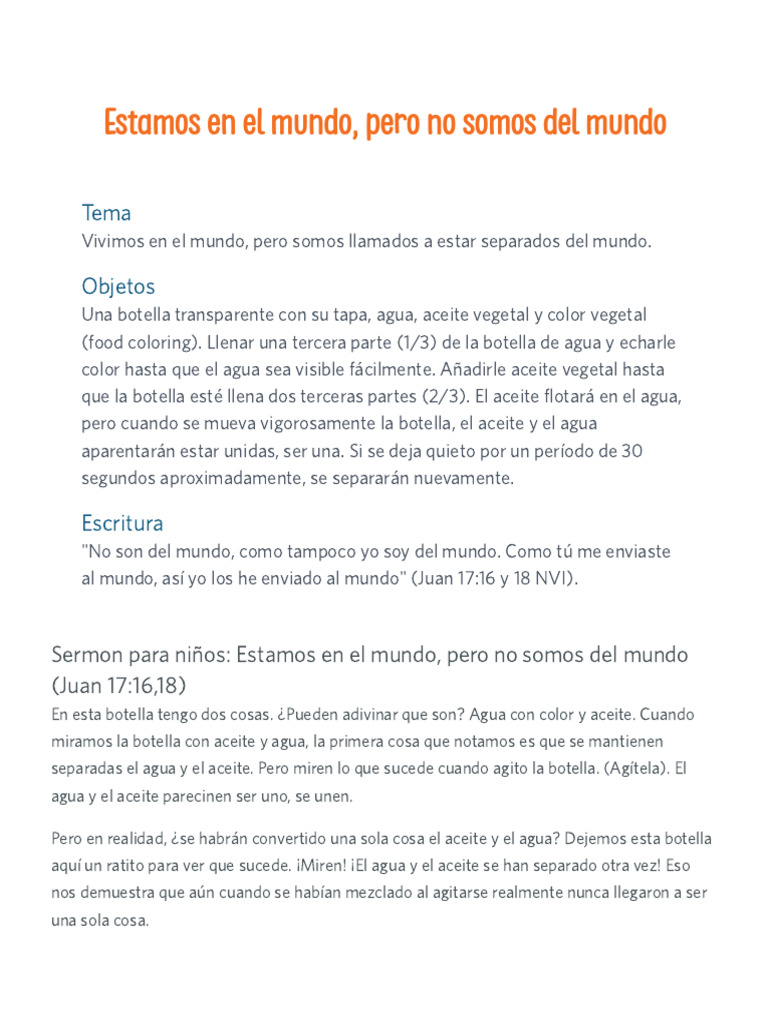 Separados del mundo: Sermón para niños | PDF