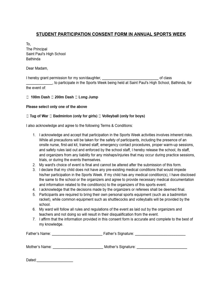 Student Sports Week Consent Form | PDF