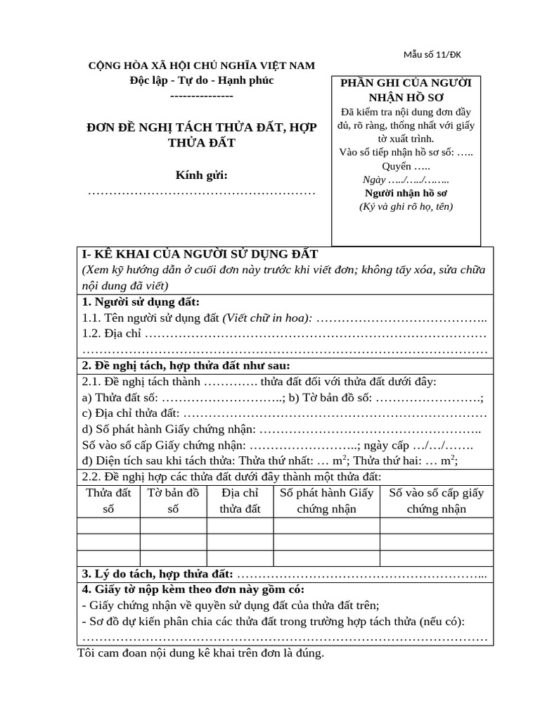 Mau - So - 11 DK Don Xin Tach Thua - 3009171304 | PDF