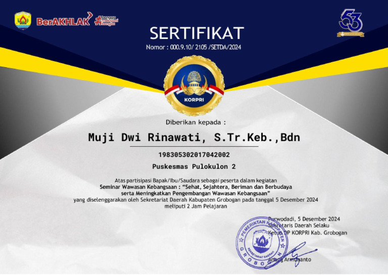 E-Sertifikat Wasbang Muji Dwi Rinawati, S.TR - Keb.,Bdn | PDF