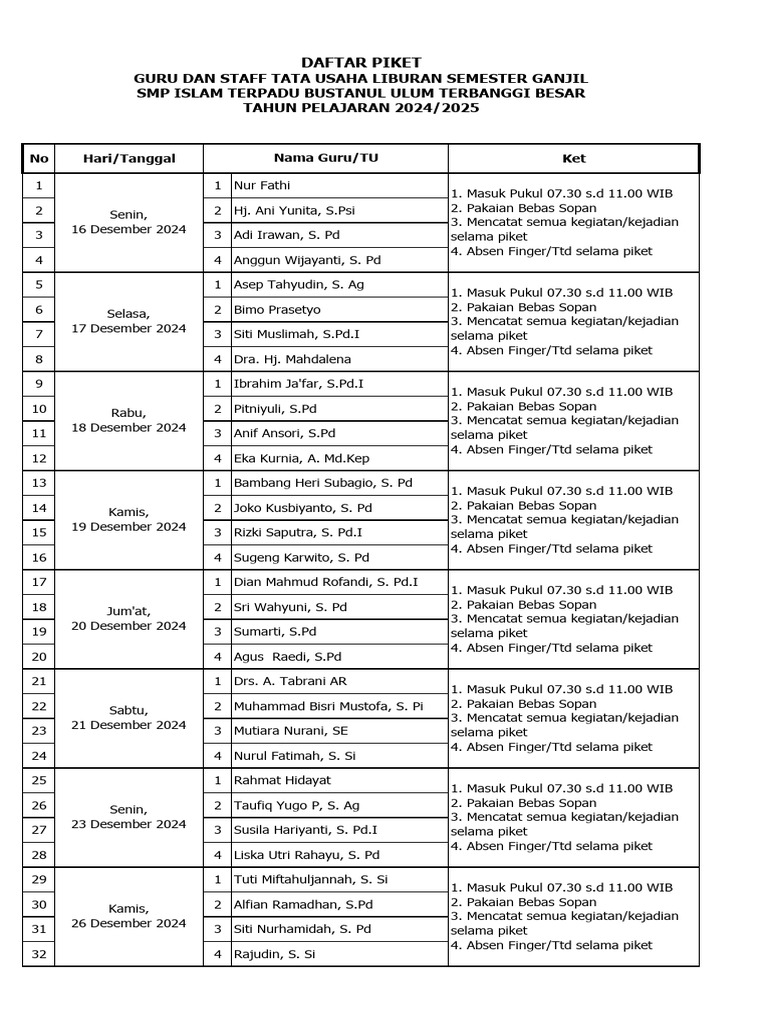 JADWAL PIKET GURU LIBUR DES 2024 | PDF