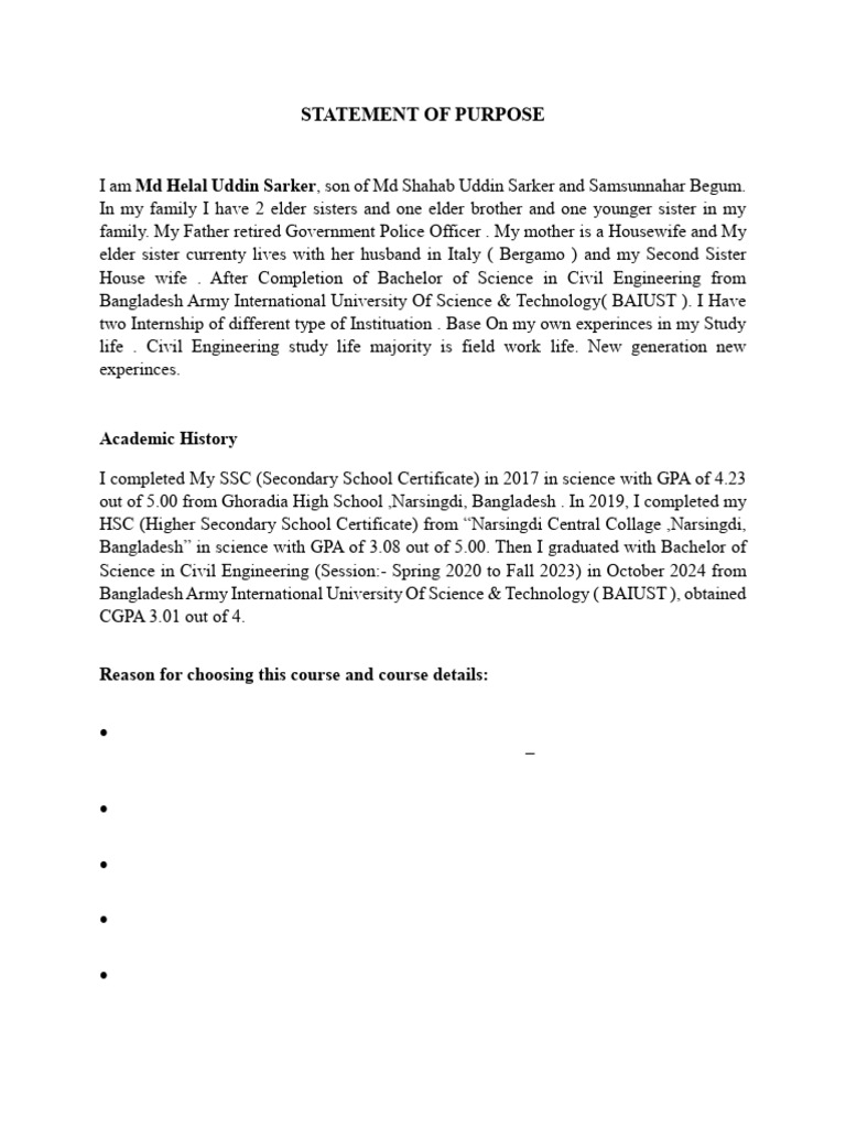 STATEMENT OF PURPOSE | PDF | Engineering | Civil Engineering