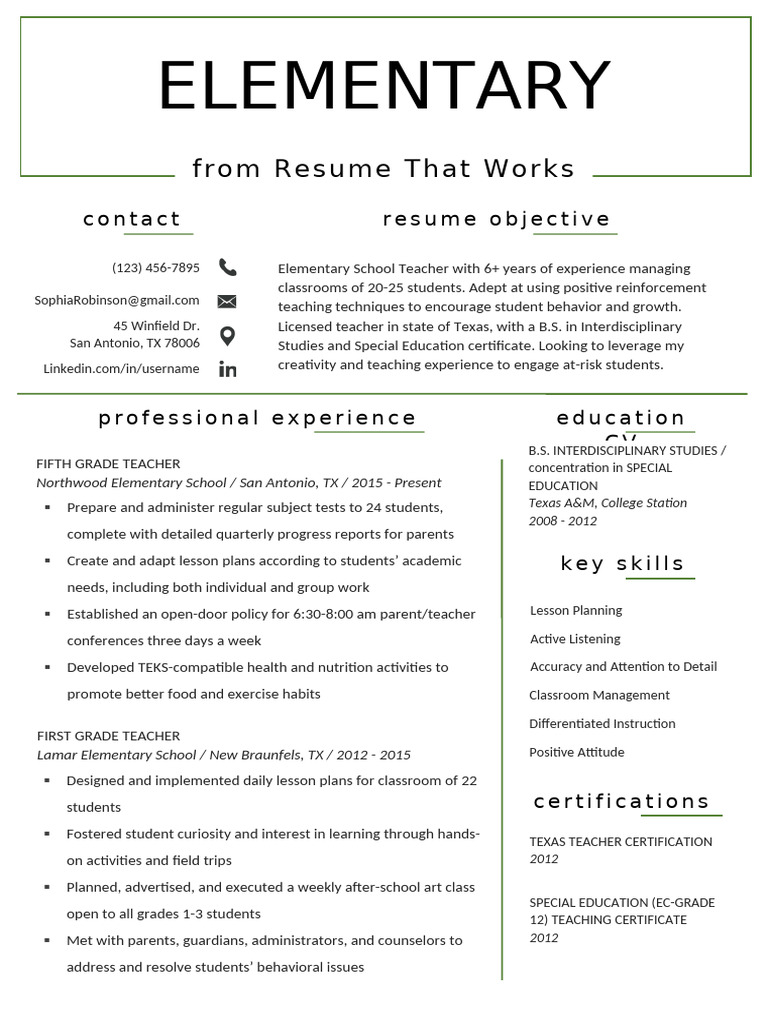 Texas Elementary Teacher Resume Guide | PDF | Teachers | Special Education