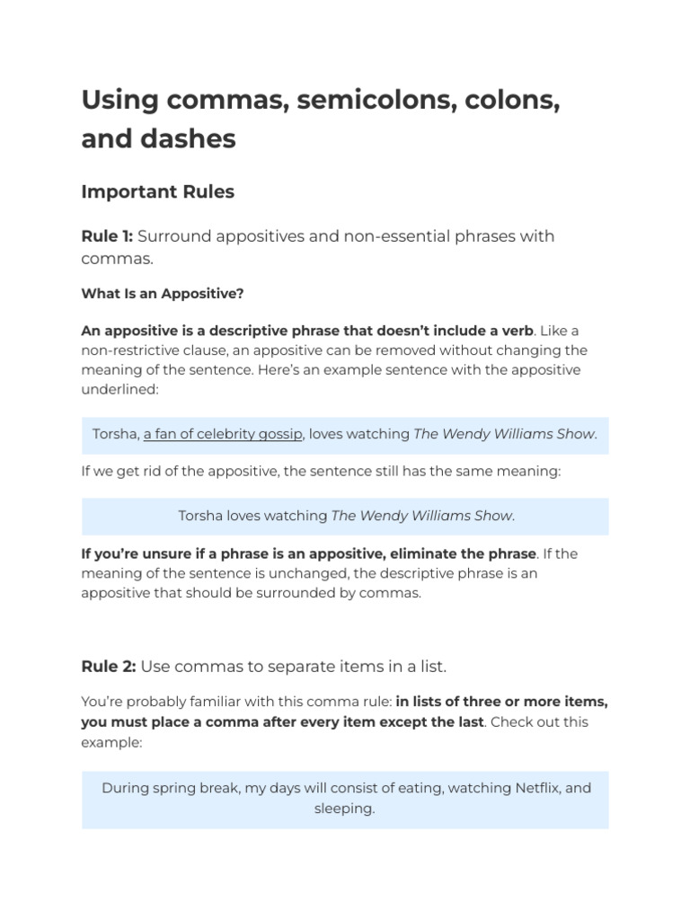 Comma, Semicolon, Colon, Dash Rules | PDF | Comma | Sentence (Linguistics)