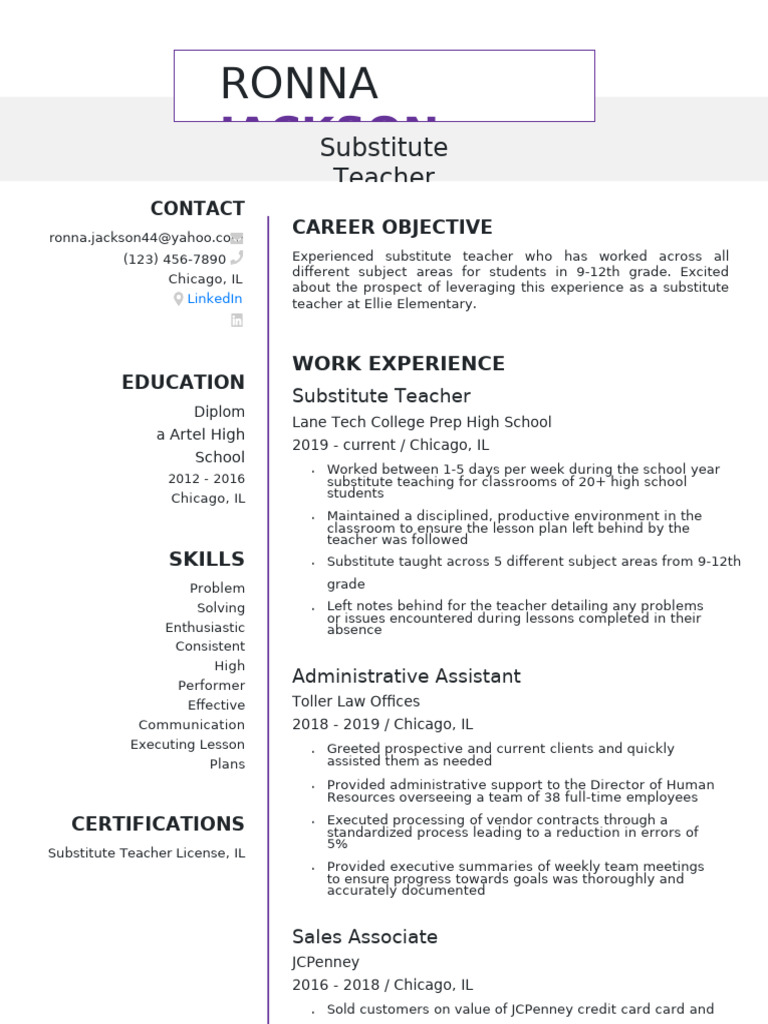 Substitute School Teacher Resume Example Converted | PDF | Teachers | Business