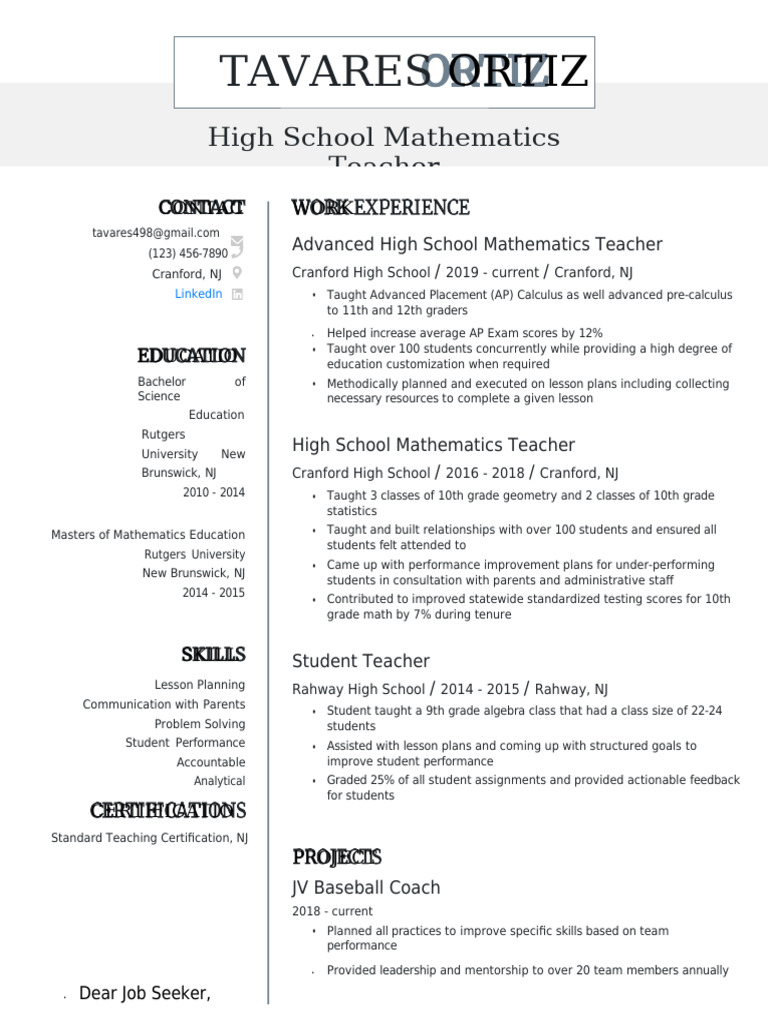 Teacher Resume Example | PDF | Mathematics | Teachers