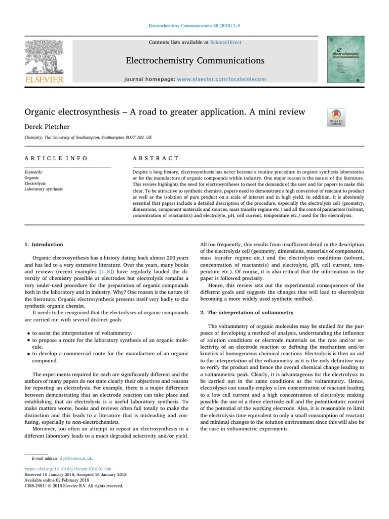 Organic Electrosynthesis Review | PDF | Electrochemistry | Electrode