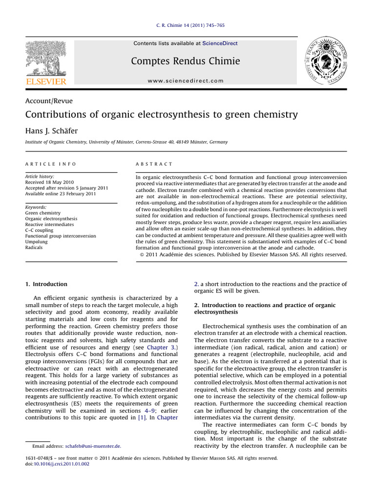 Contributions of Organic Electrosynthesis To Green Chemistry | PDF | Chemical Reactions ...