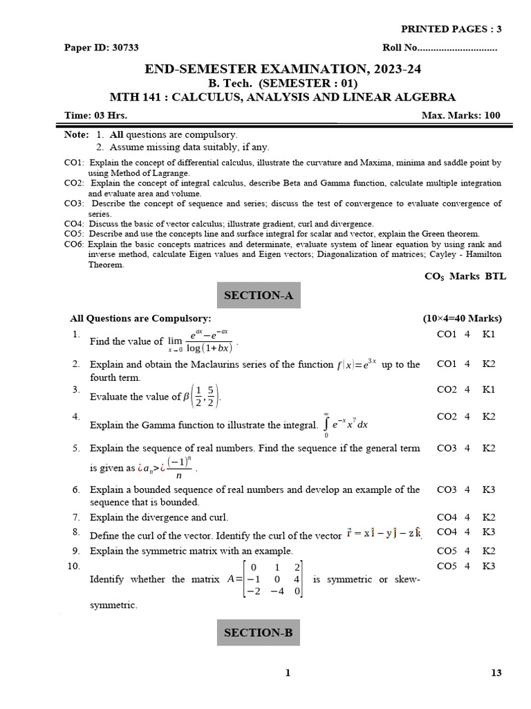 MTH 141 Calculus, Analysis and Linear Algebra 2023-24 | PDF | Integral | Eigenvalues And ...