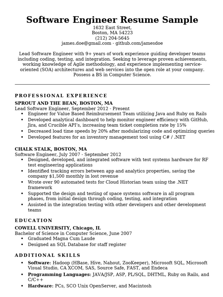 Software Engineer Resume Sample MSWord Download | PDF | Software | Software Engineering