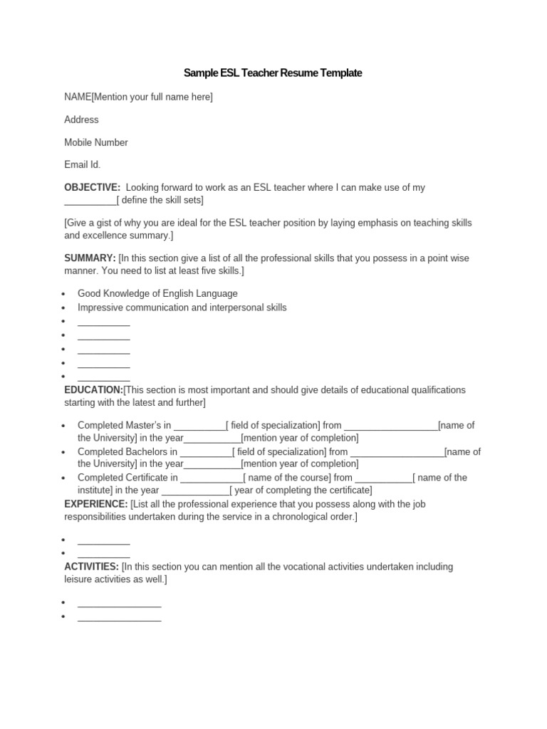Sample Esl Teacher Resume Template | PDF