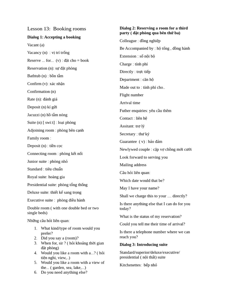 Lesson 13: Booking rooms: Dialog 2: Reserving a room for a third party ...