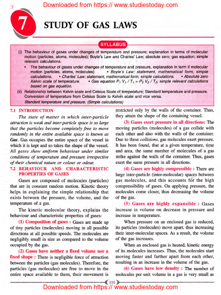 Gas Laws Study Guide for Class 9 ICSE | PDF