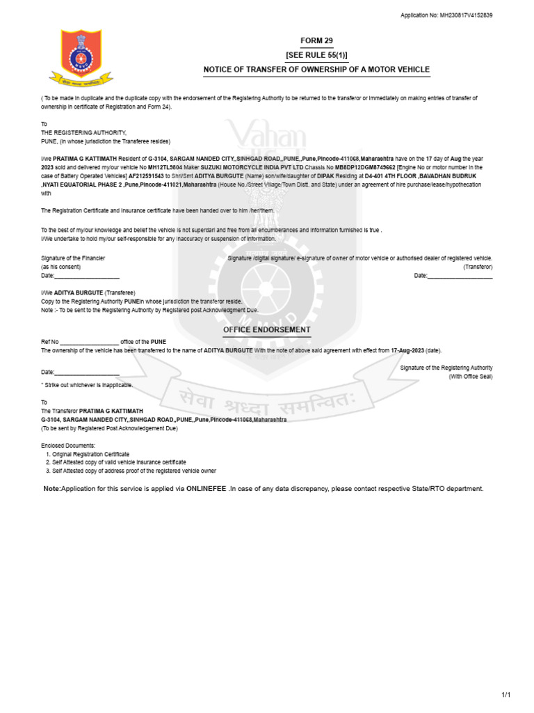 Form 29 Pratima Kattimath | PDF | Transport | Vehicles