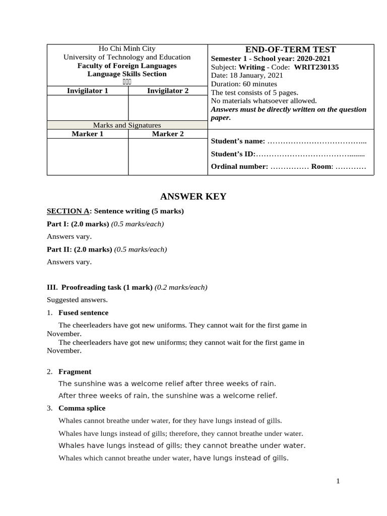 Final exam - Basic Writing-2020-2021 - Answer Key (1) | PDF | Linguistics | Language Mechanics